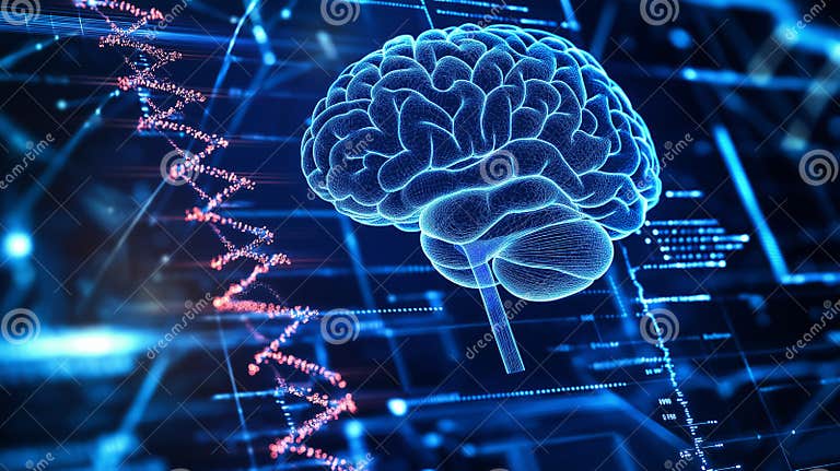 A Glowing Blue Human Brain with Digital Data and Lines, Representing ...