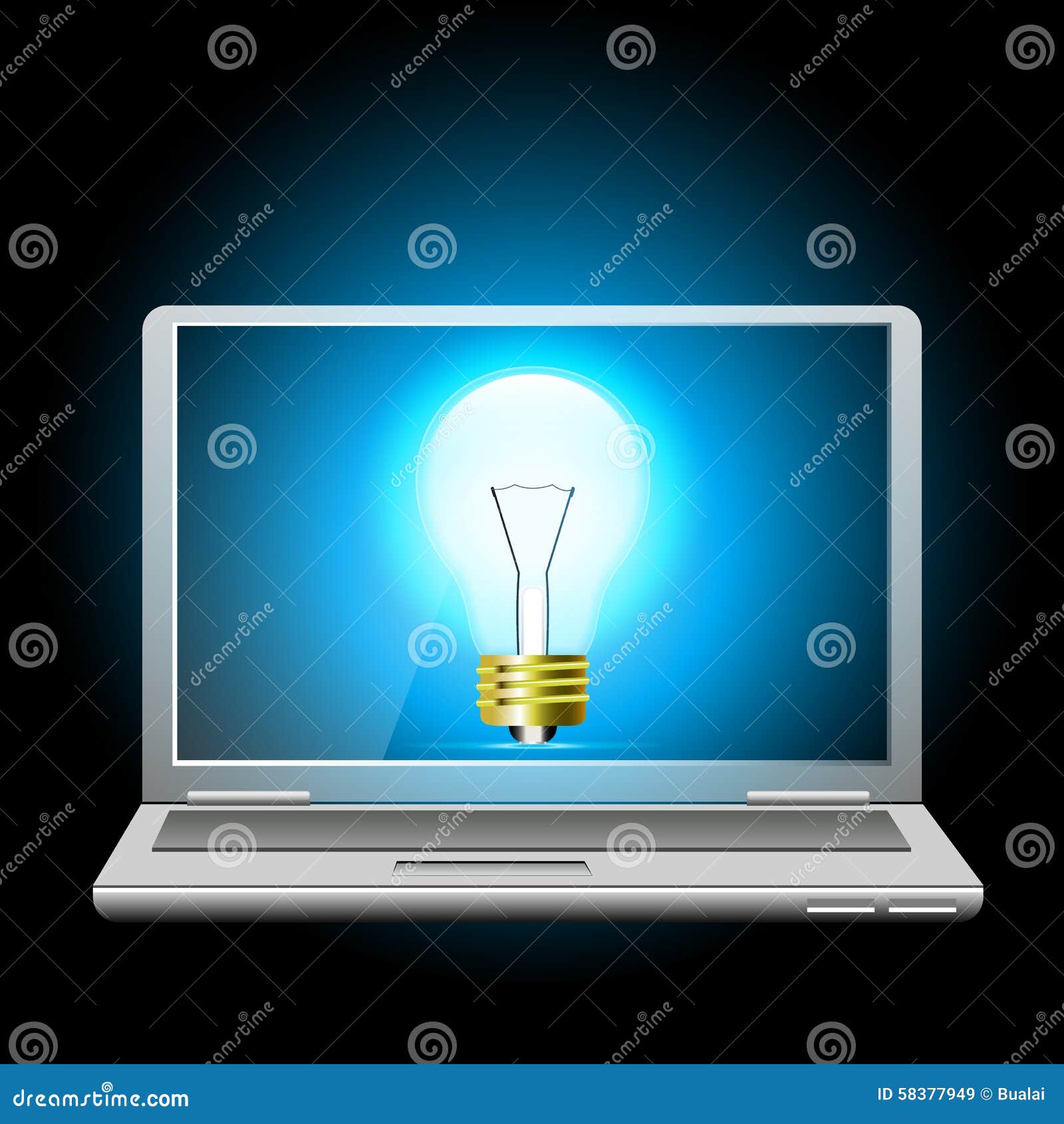 Glowing Blue Light Bulb on Laptop Screen. Bulb Light Idea Stock Vector ...