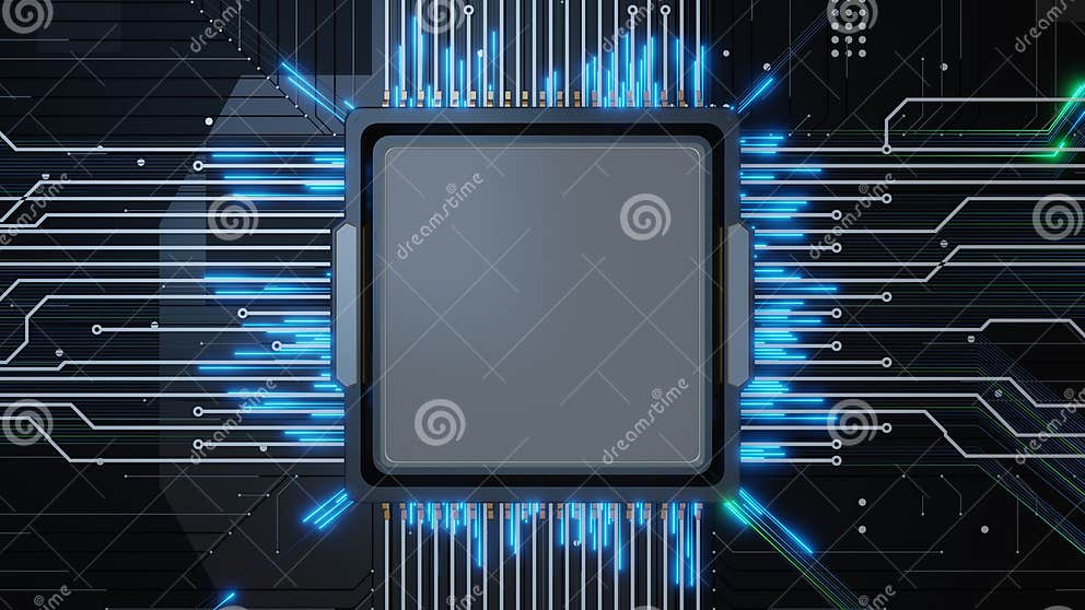 Glowing Blue Lights Radiate from a Central Microprocessor within a ...
