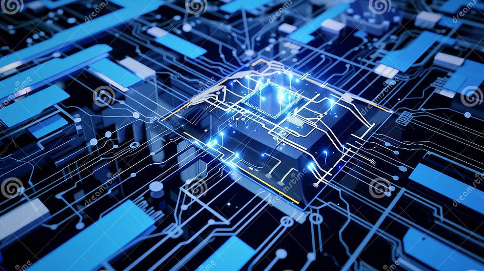 Glowing Blue Microchip on Circuit Board Representing Technology Stock ...