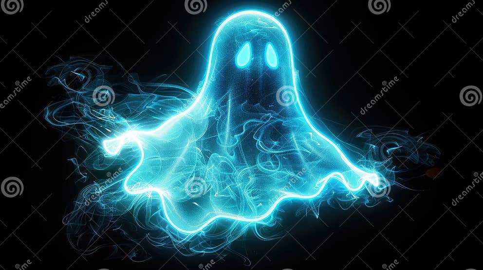 A Glowing Blue Neon Ghost with Wispy Smoke Effects in a Dark Setting ...