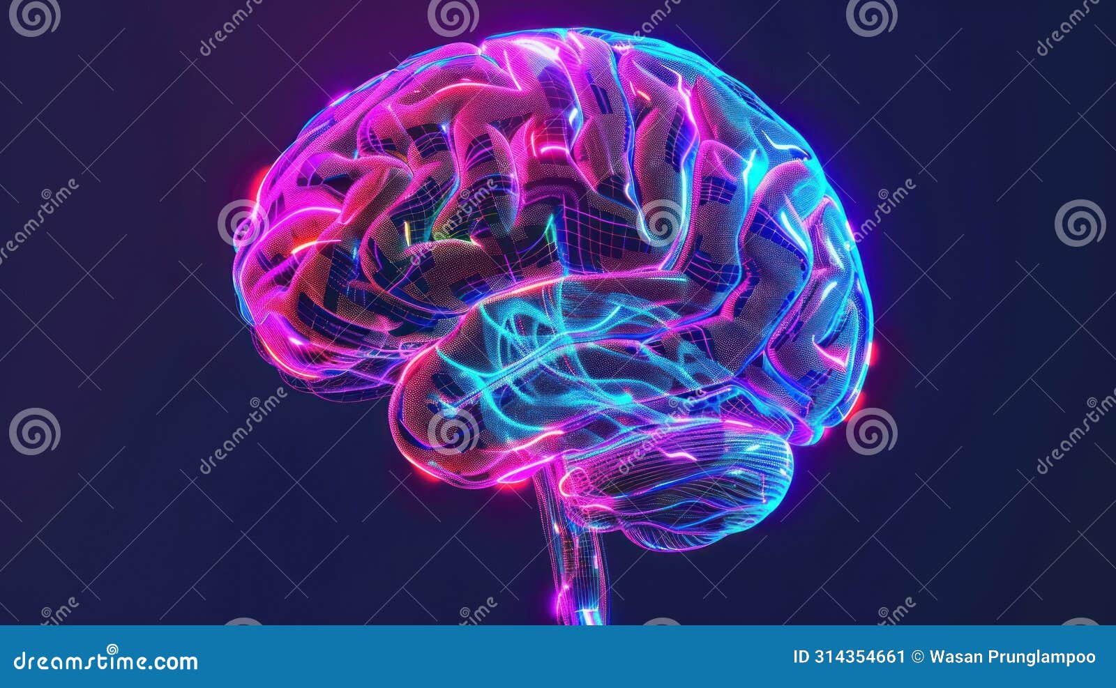A Glowing Blue and Pink Brain on a Dark Blue Background Stock Image ...