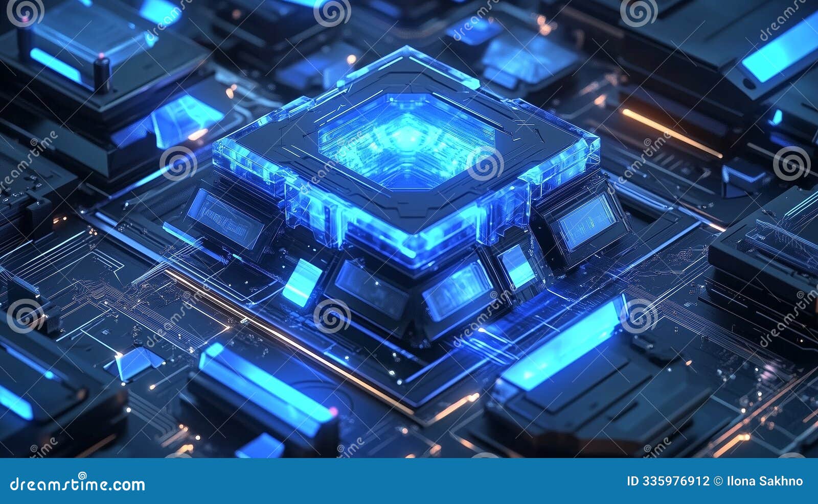 Glowing High-Tech Processor with Blue Neon Stock Illustration ...