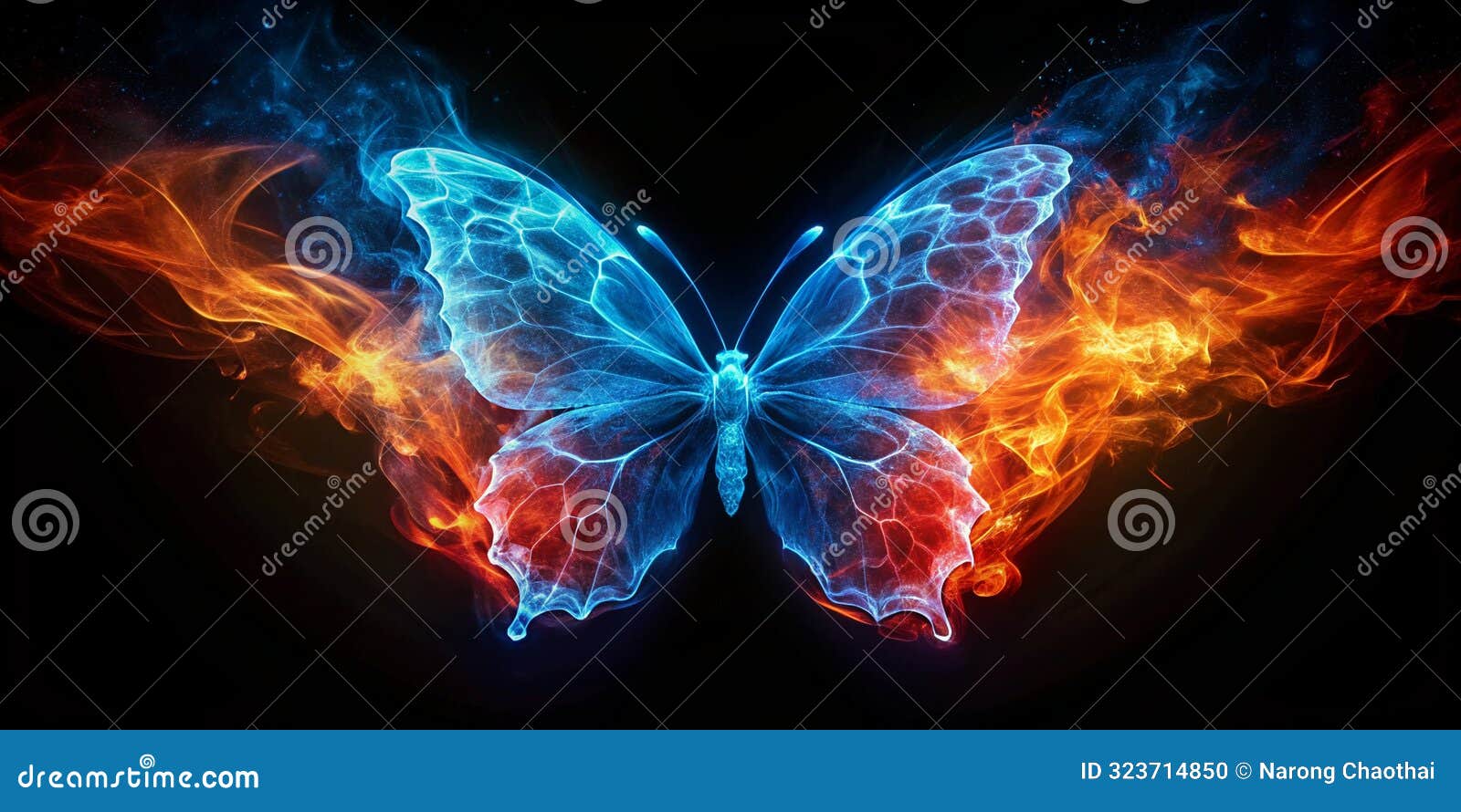 A Glowing Blue and Red Butterfly Made of Fire and Light on a Black ...