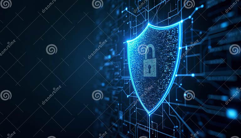 Glowing Blue Shield with Padlock Surrounded by Digital Circuitry on ...