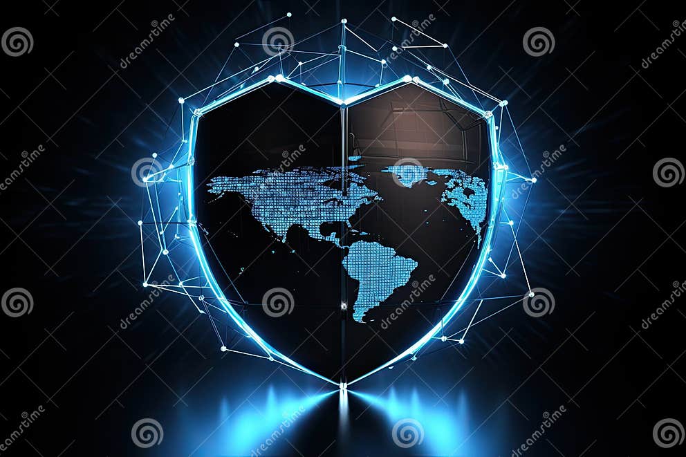 Glowing Blue Shield with World Map on Dark Background. Security Concept ...