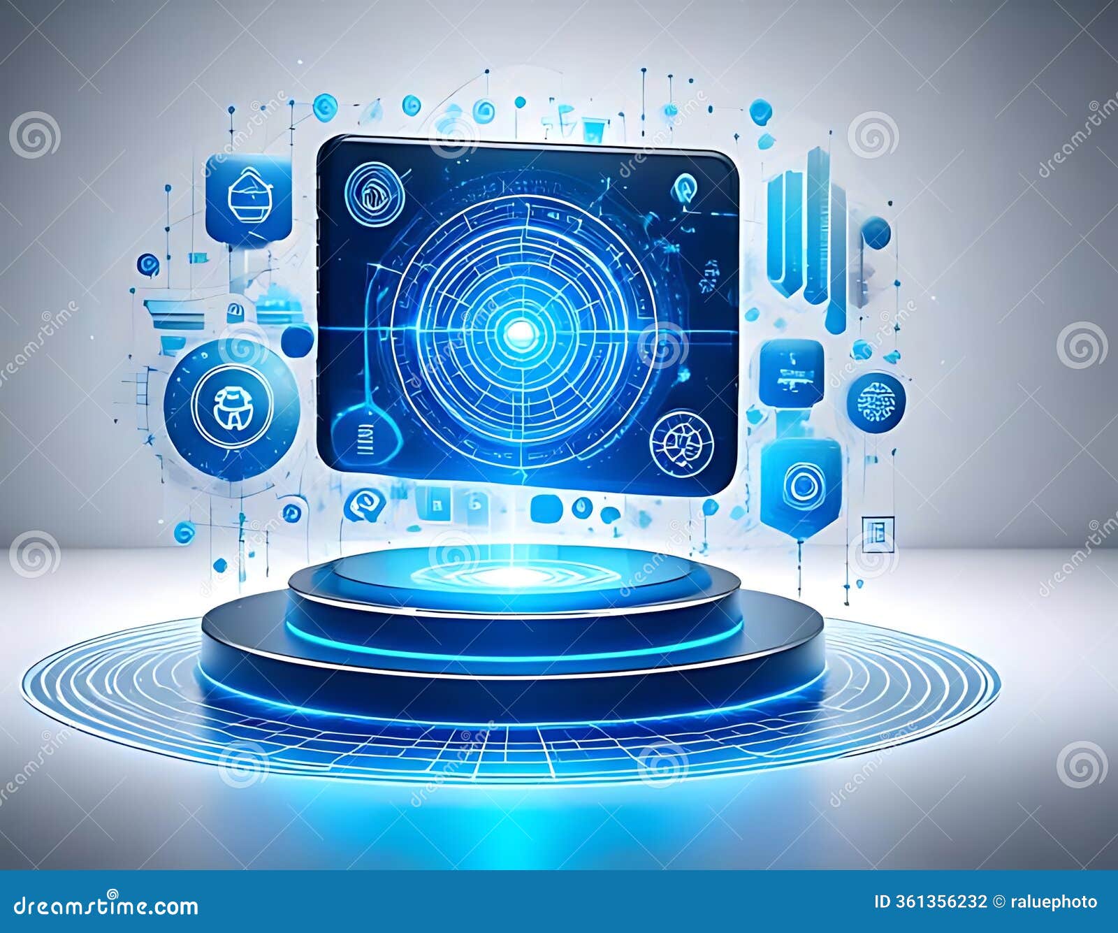 A Glowing Blue Technological Interface Displays Various Icons on a ...