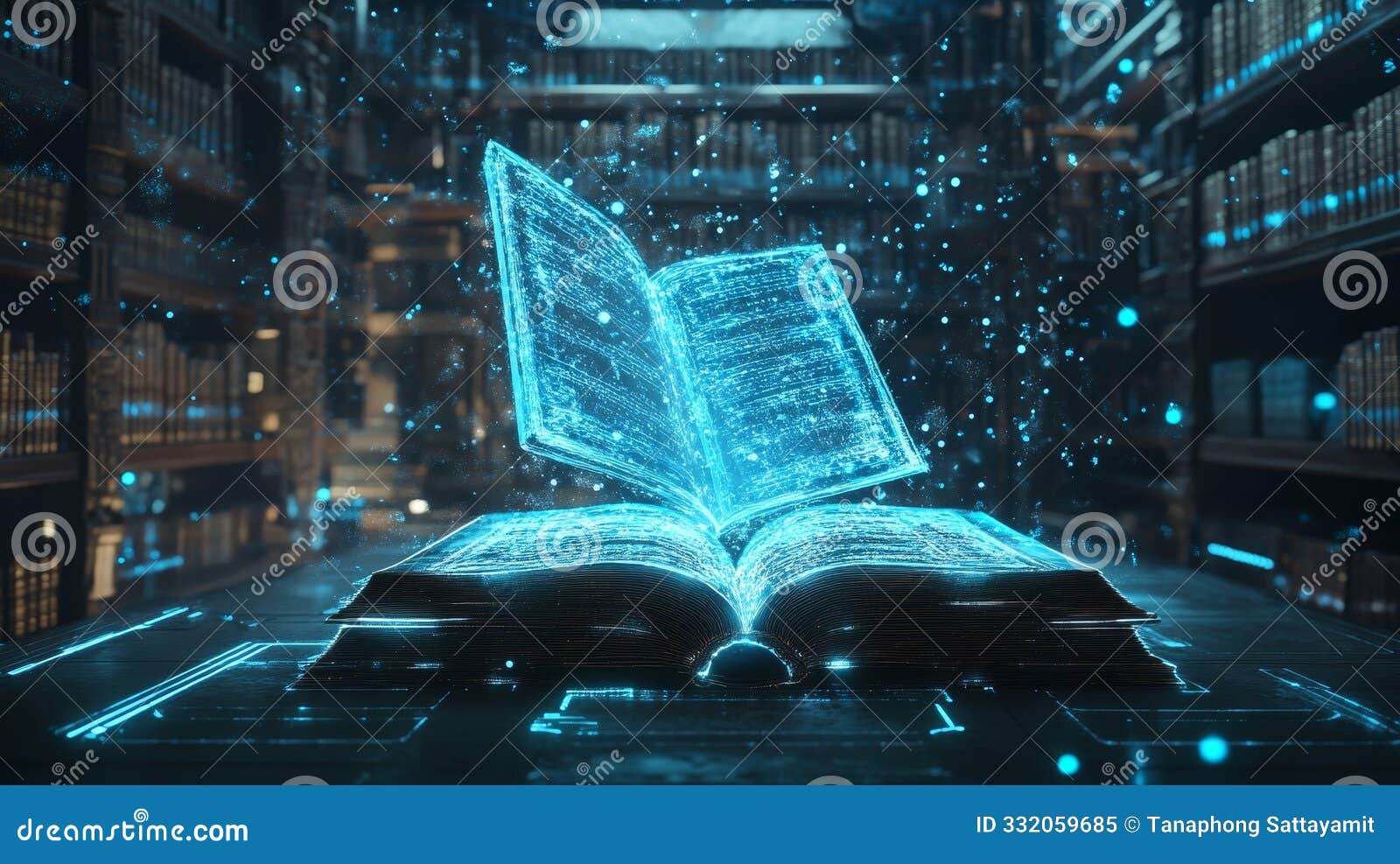 Glowing Book of Knowledge in a Digital Library a Glowing Blue Book ...