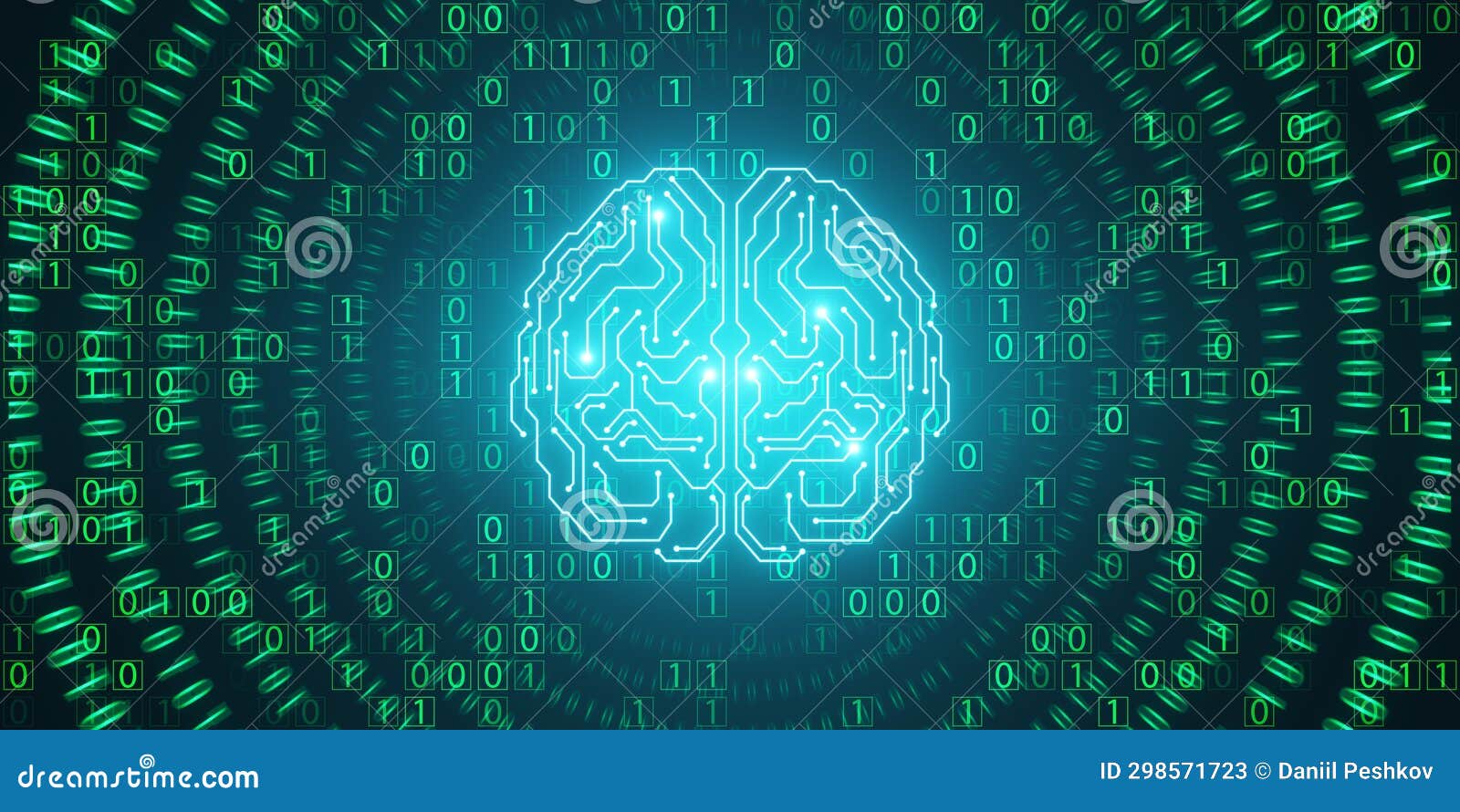 Glowing Brain Hologram with Binary Coding on Blue Backdrop. Programming, Machine Learning and ...