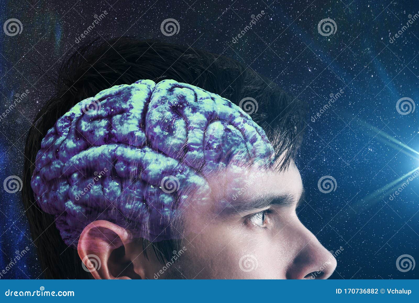 Glowing Brain Inside Man`s Head. Consciousness Concept. Stock Photo ...