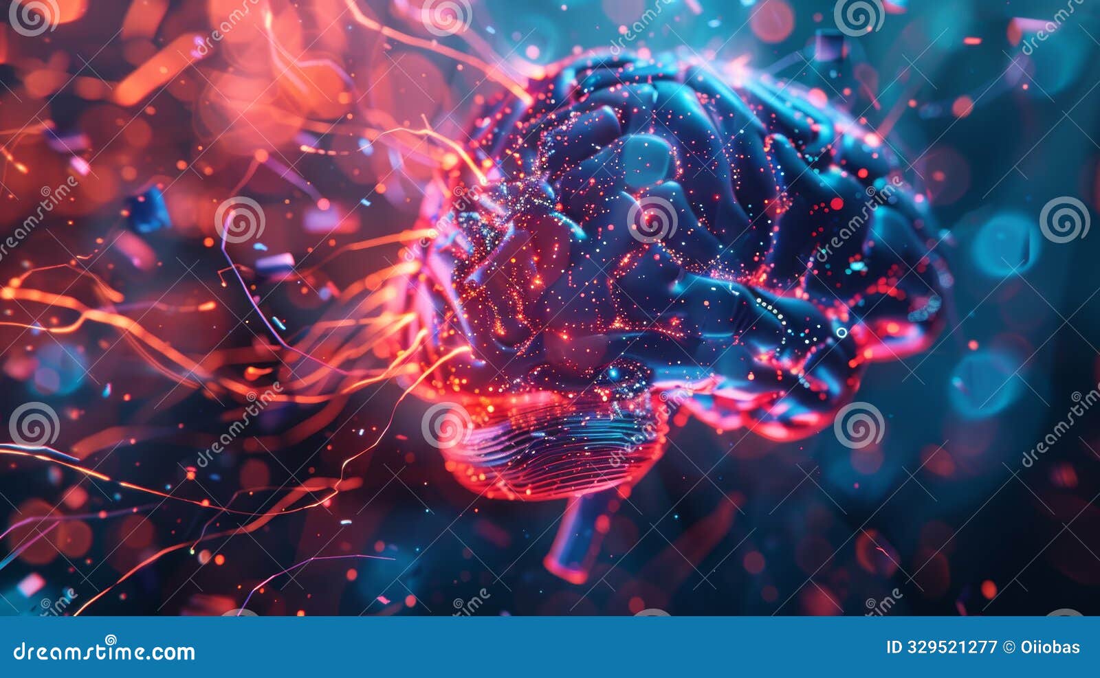 Glowing Brain in Red and Blue Lights with Sparkles Stock Illustration ...
