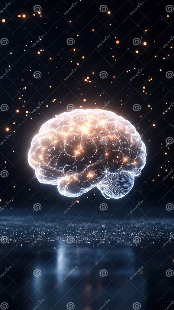 Glowing Brain with Sparkling Particles in Dark Space Stock Illustration ...