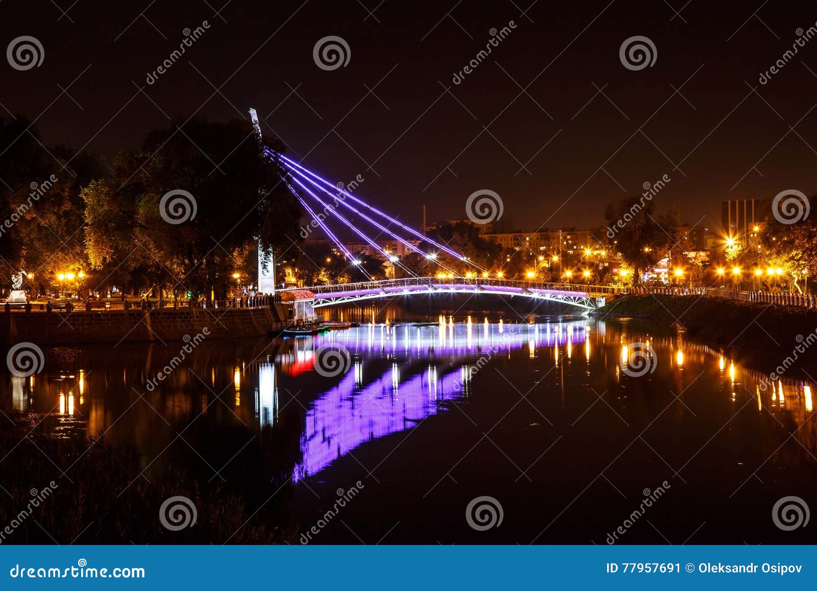 Glowing Bridge on the River Stock Image - Image of architecture, color ...