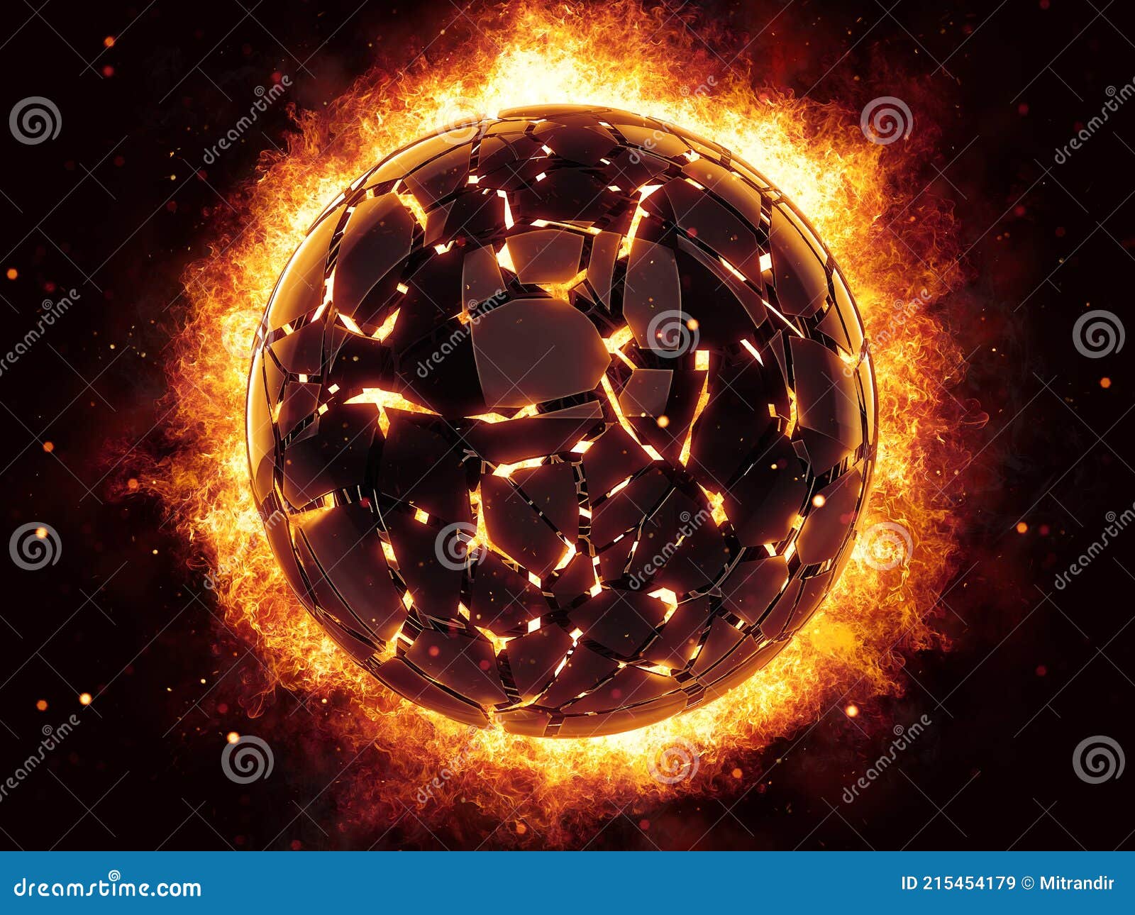 Glowing Broken Black Sphere Engulfed in Fire and Flames Stock ...