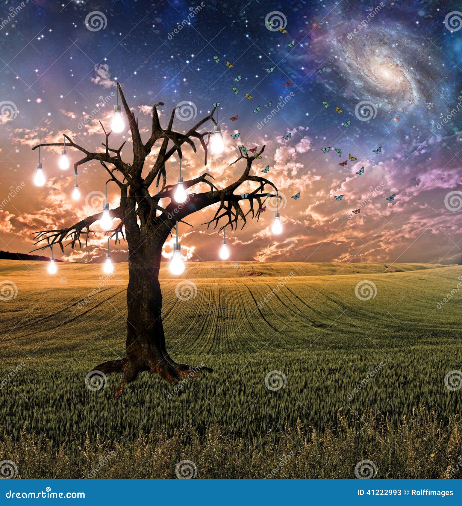 Glowing Bulb Tree Sunset stock illustration. Illustration of cosmos ...