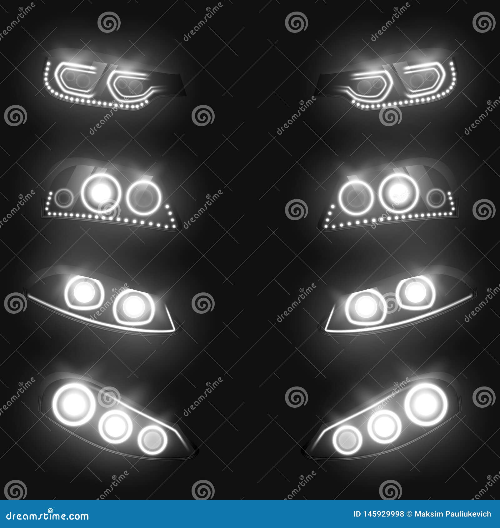 Glowing Car Headlights 3d Realistic Vector Set Stock Vector ...