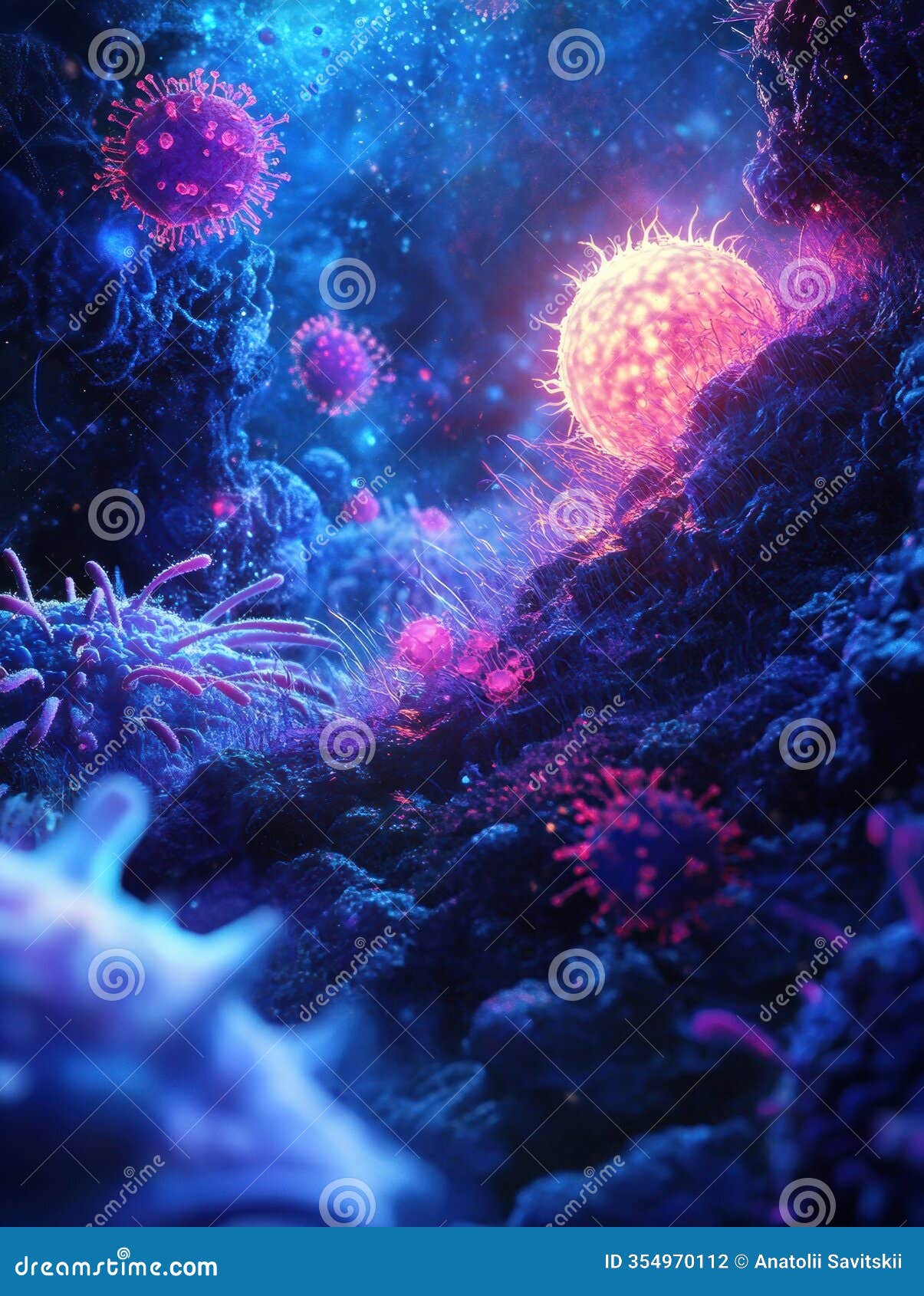 Glowing Cell Surrounded by Menacing Viruses in a Vibrant Microscopic ...