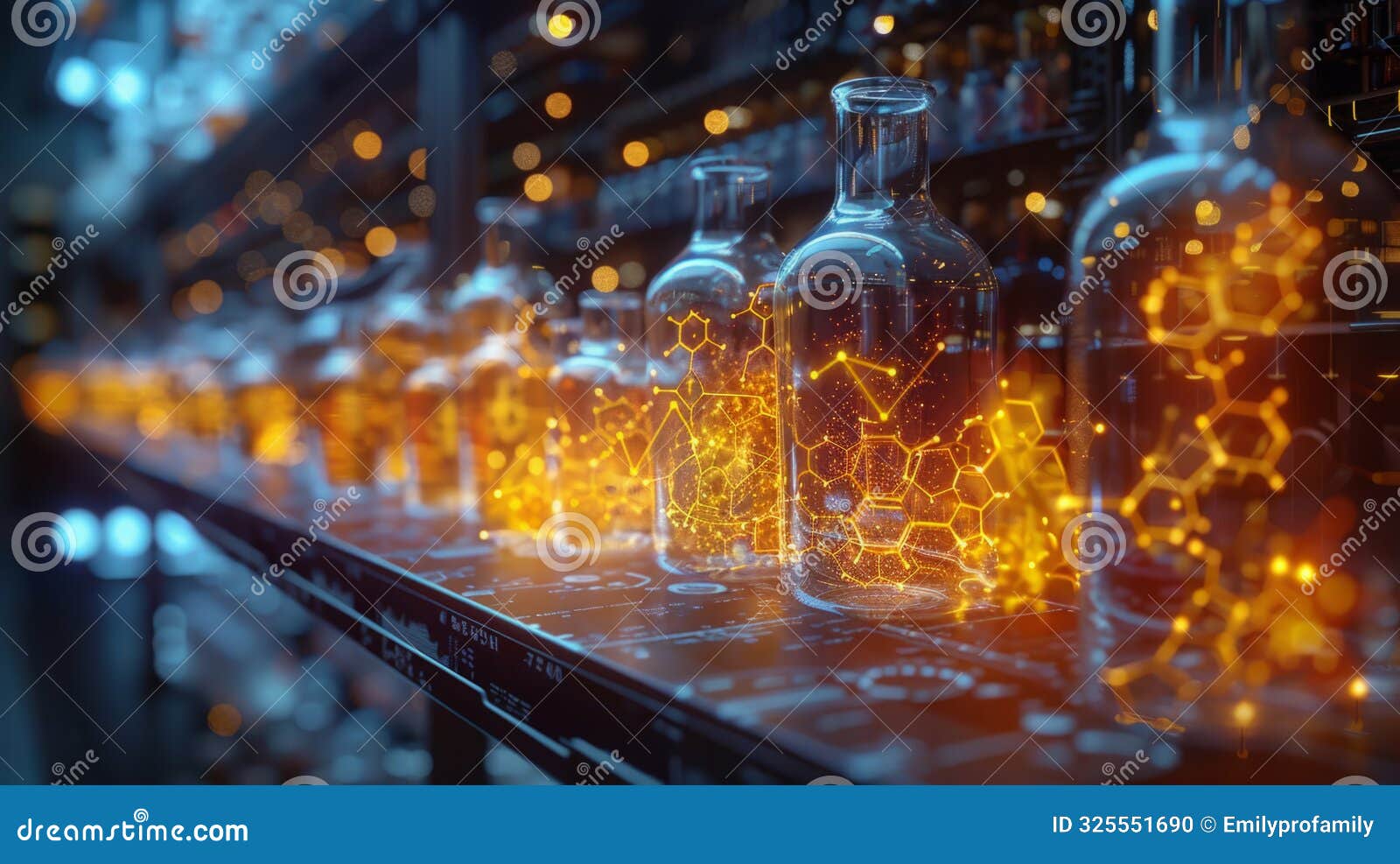 Glowing Chemical Molecules in Glass Flasks on a Laboratory Shelf Stock ...