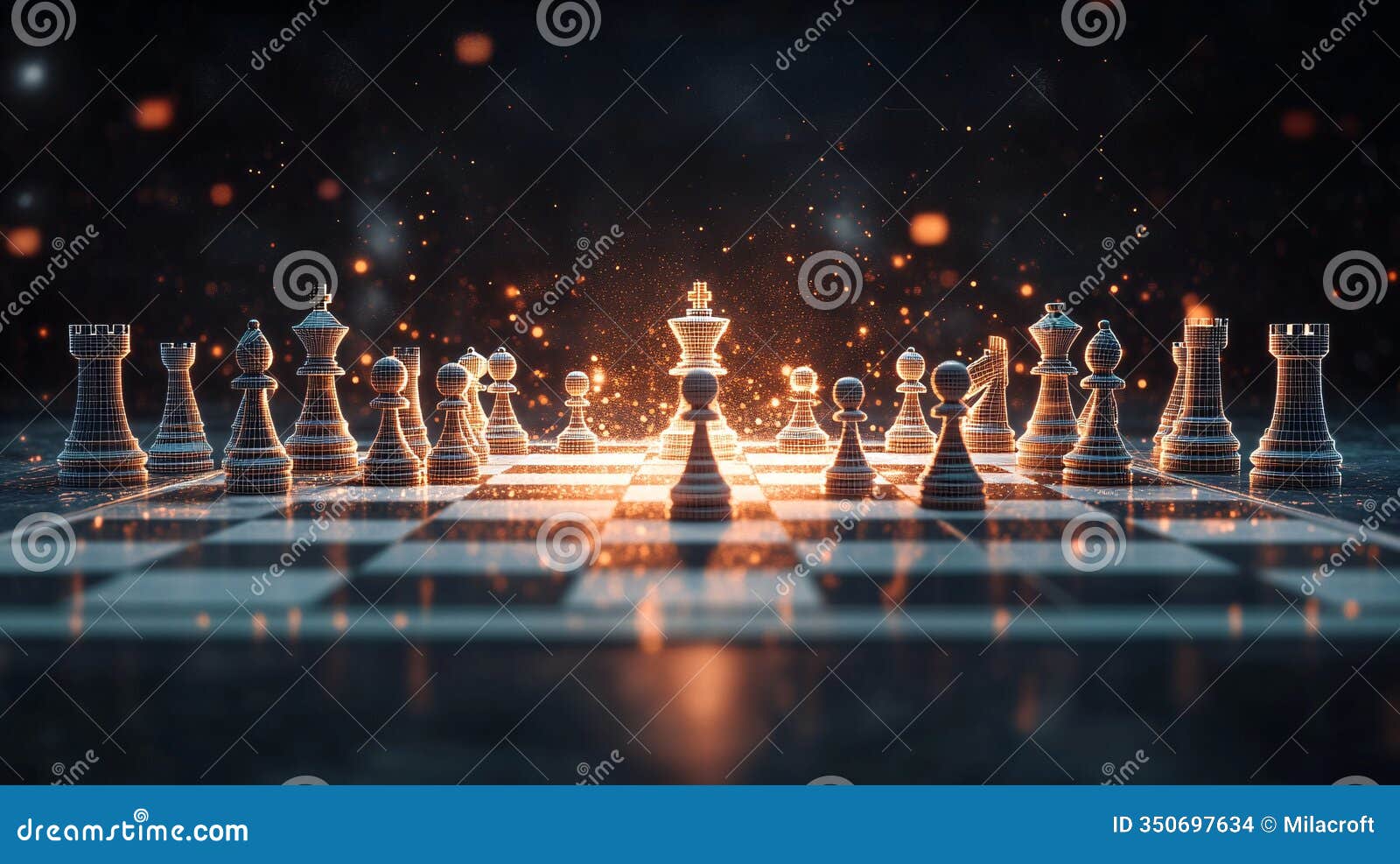 Glowing Chess Pieces Standing on Chessboard in Dark Room Stock ...