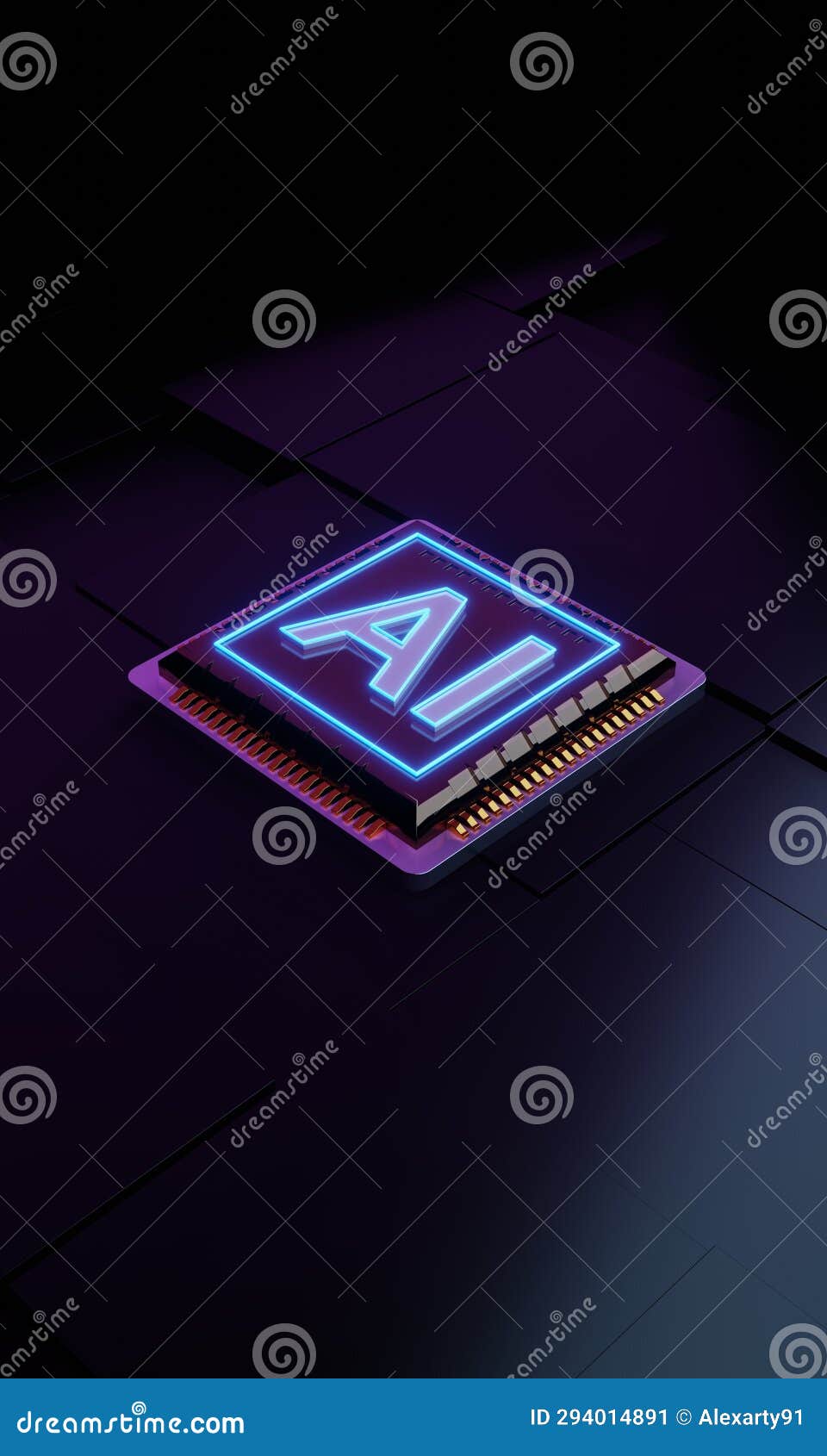 Glowing Chip with Blue Neon Light Sign 3d Render Stock Illustration ...