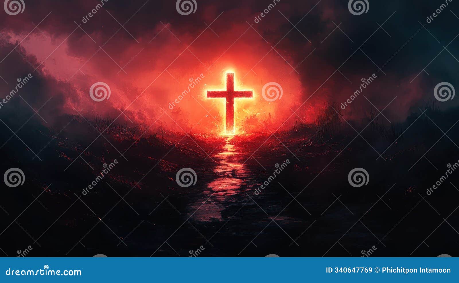 A Glowing Christ Cross at the End of the Road. the Concept of the ...