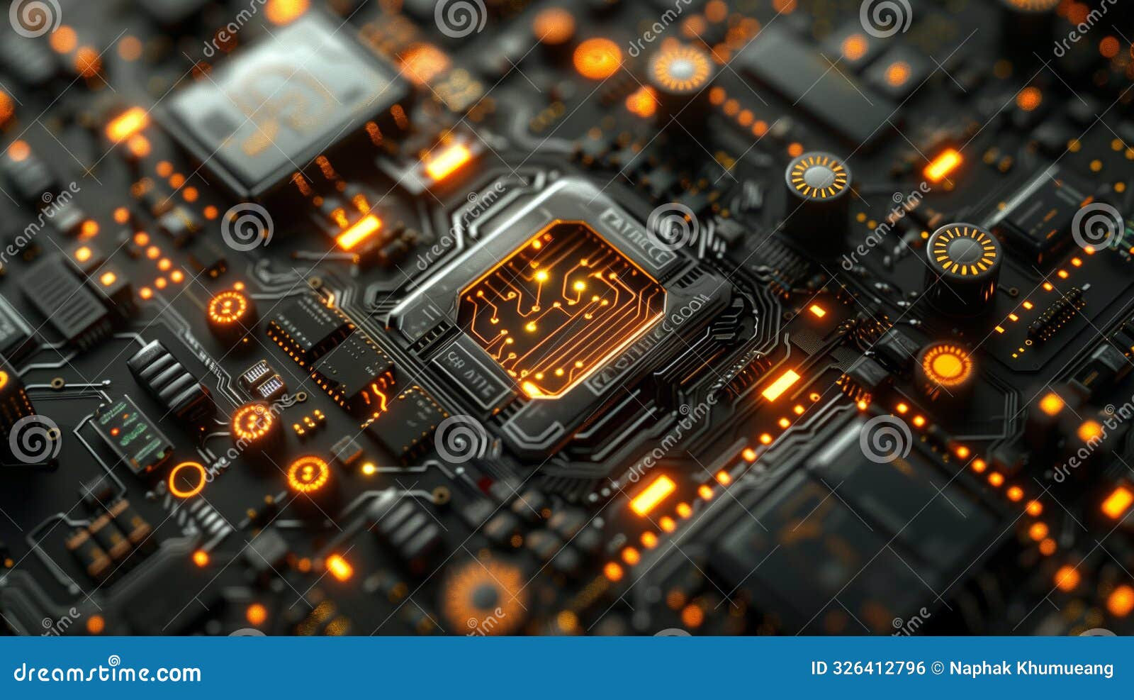 Glowing Circuit Board Close-up Showcases a Central Processing Unit and ...