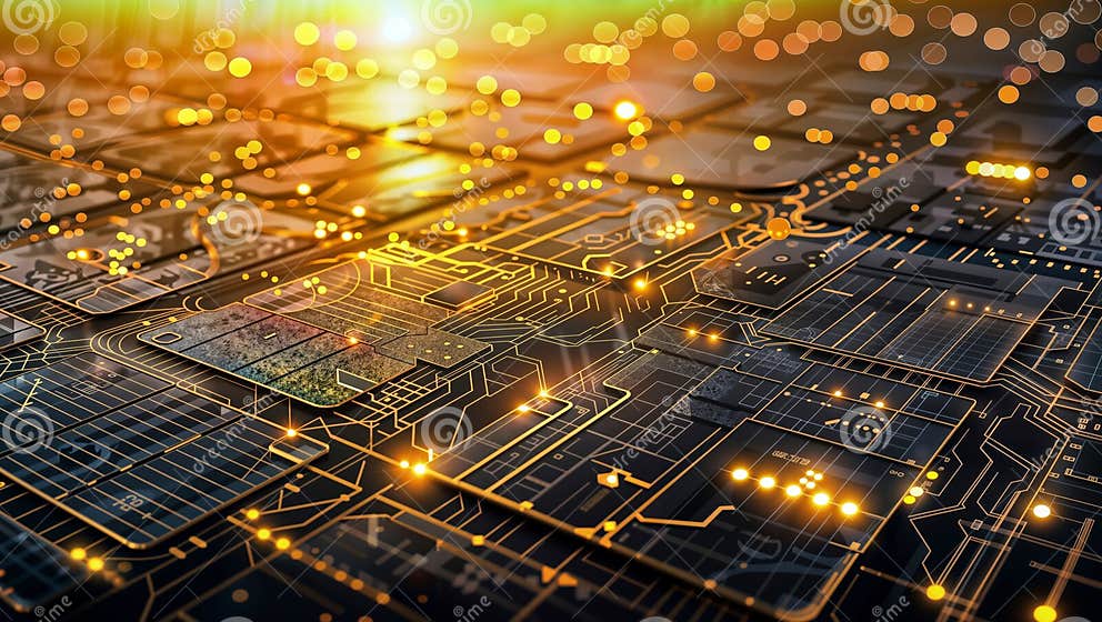 Illuminated Circuit Board with Golden Light Particles, Generative Ai ...