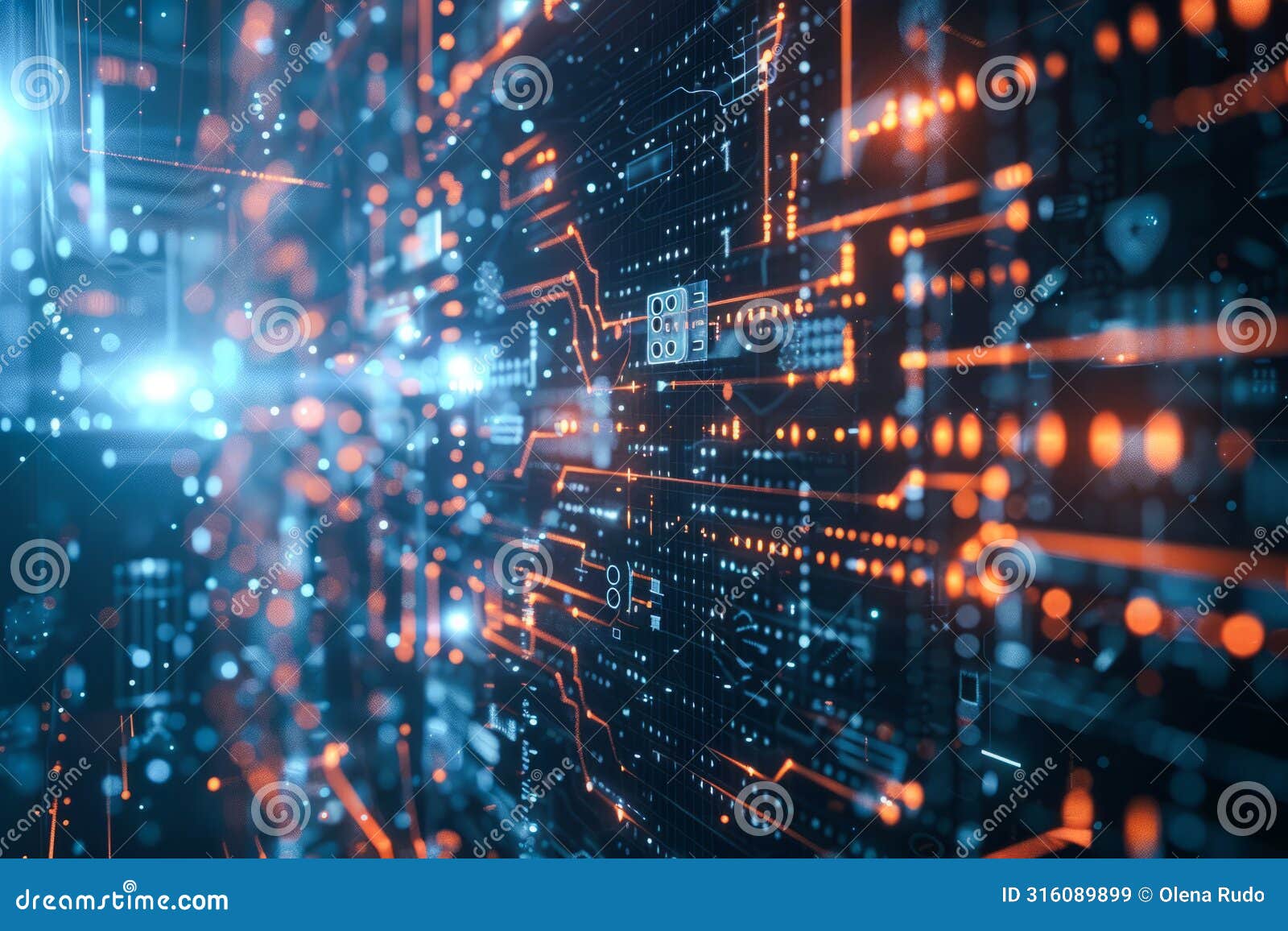 Glowing Circuit Paths on a Blue Computer Motherboard Capturing the ...