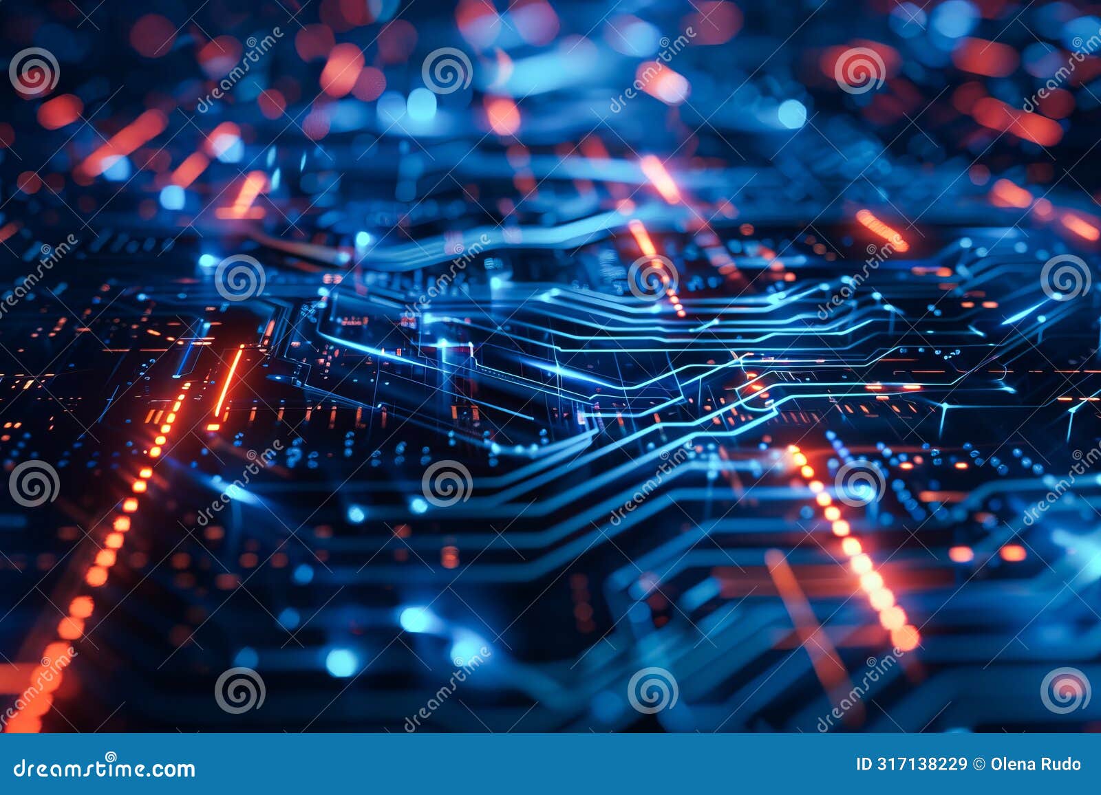 Glowing Circuit Paths on a Blue Computer Motherboard Capturing the ...