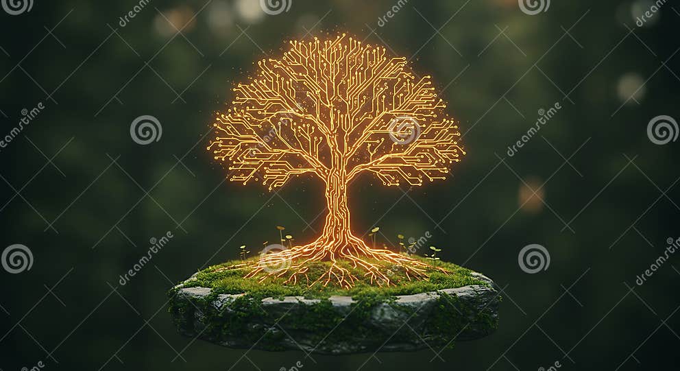 A Glowing Circuit Tree Symbolizing Technology and Nature Unity ...