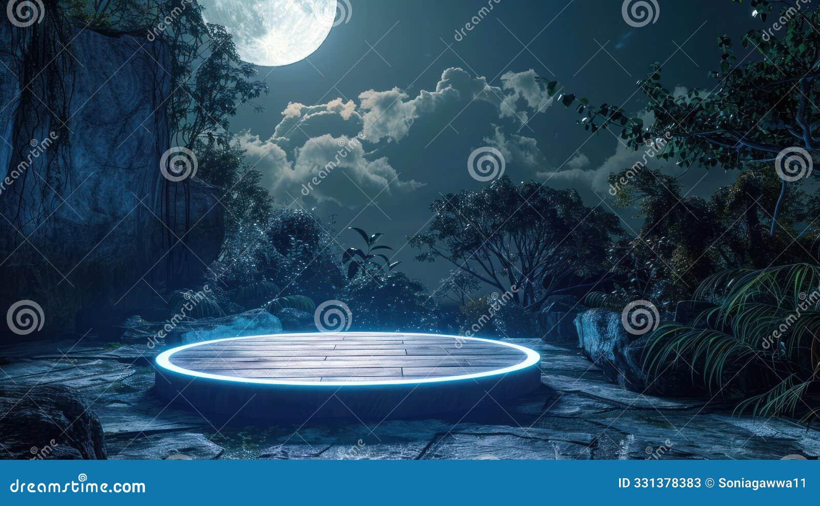 Glowing Circular Platform in Moonlit Forest Clearing Stock Illustration ...