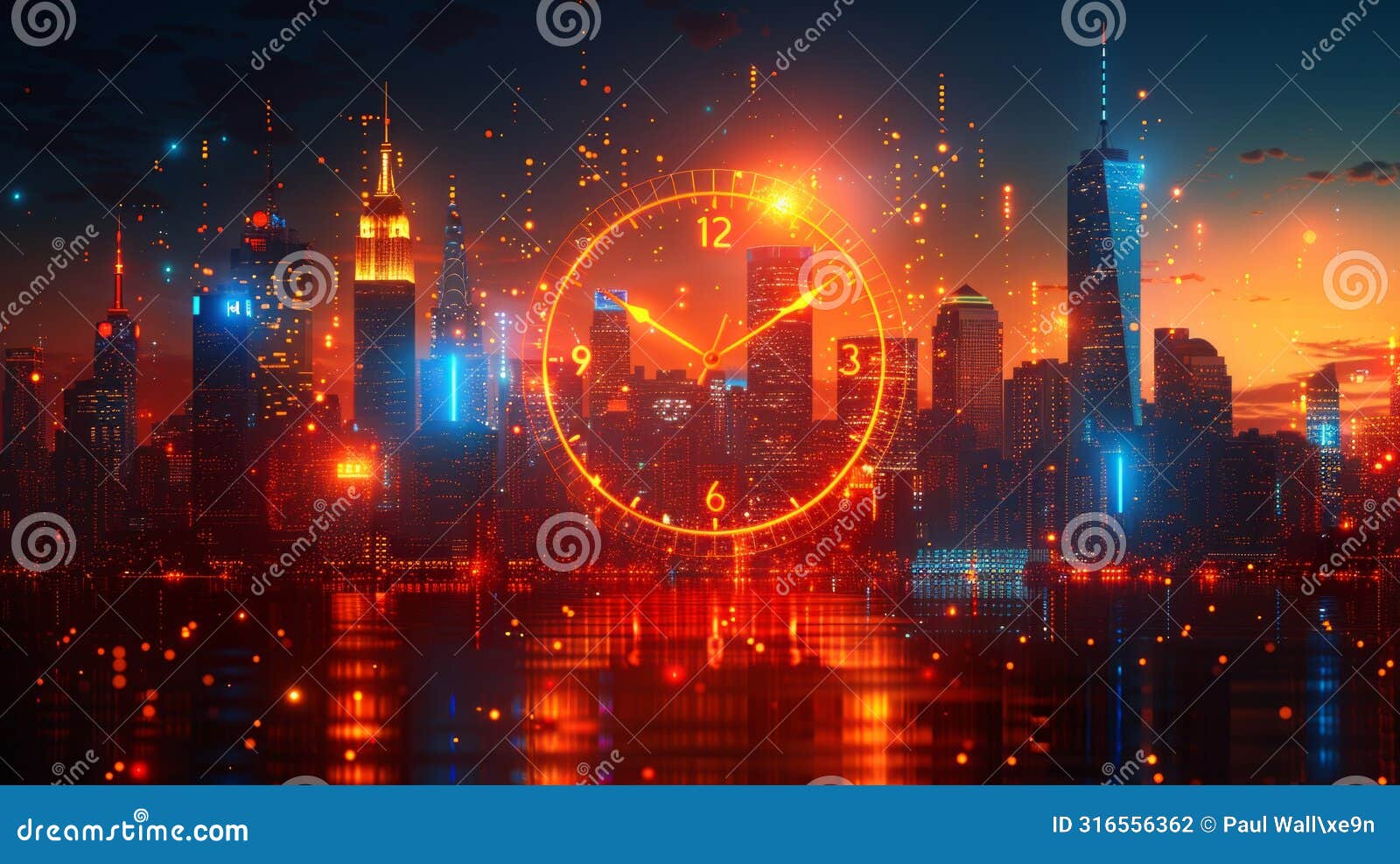Glowing Clock Face And Background Of A Cityscape. Made With Generative ...