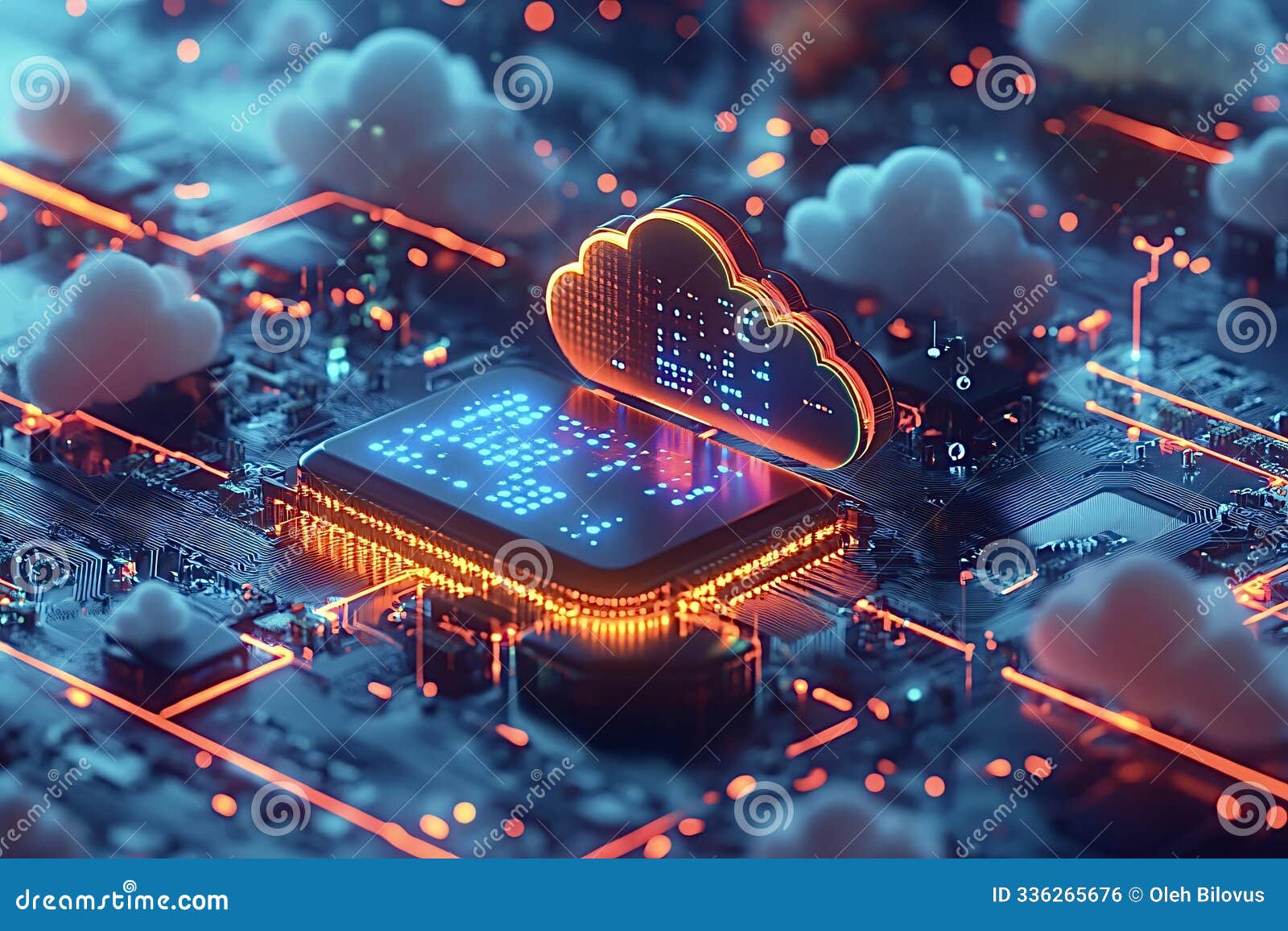 Glowing Cloud Computing Symbol Appearing Over Computer Motherboard ...