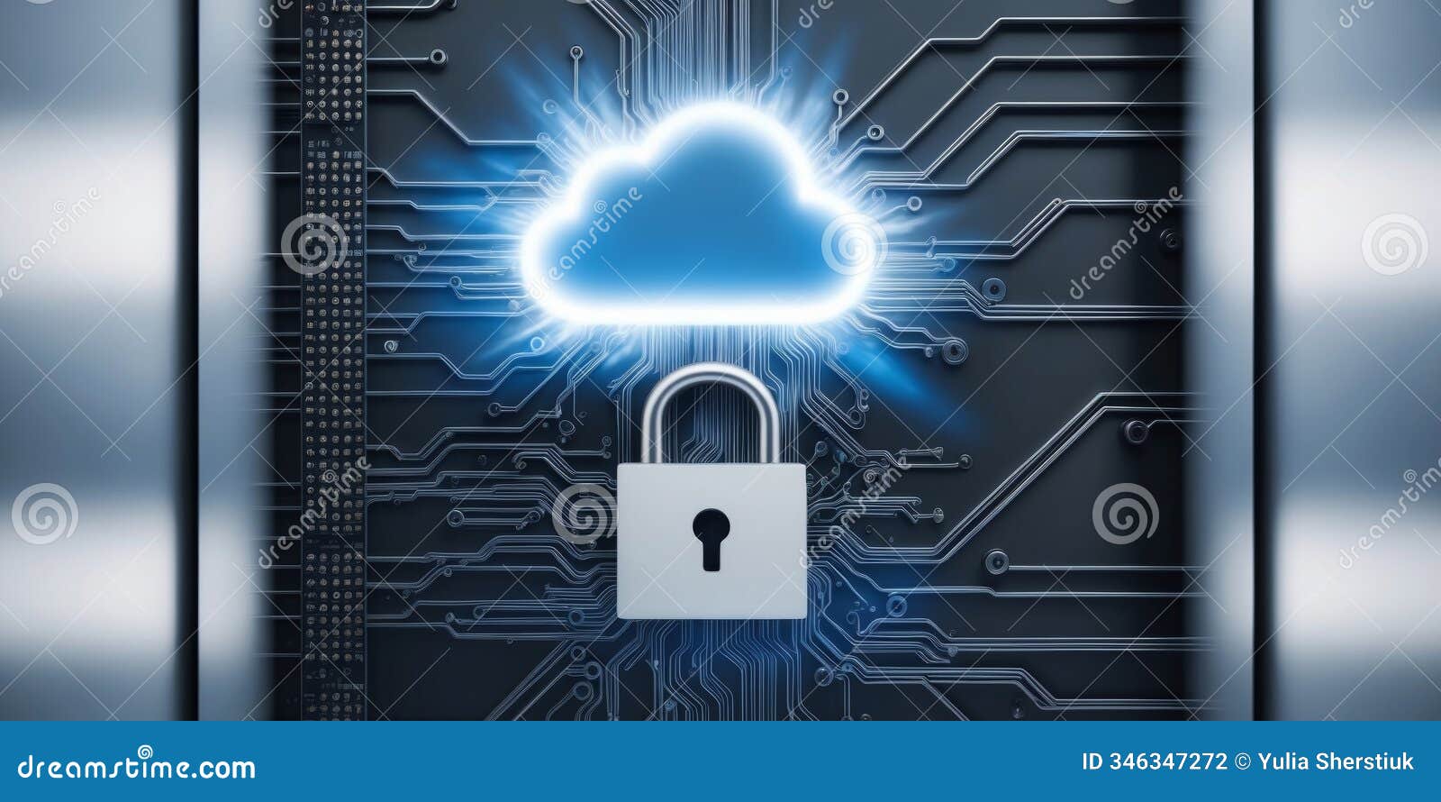 Glowing Cloud Storage with Padlock Symbol on Network Data Circuit Board Technology Background ...