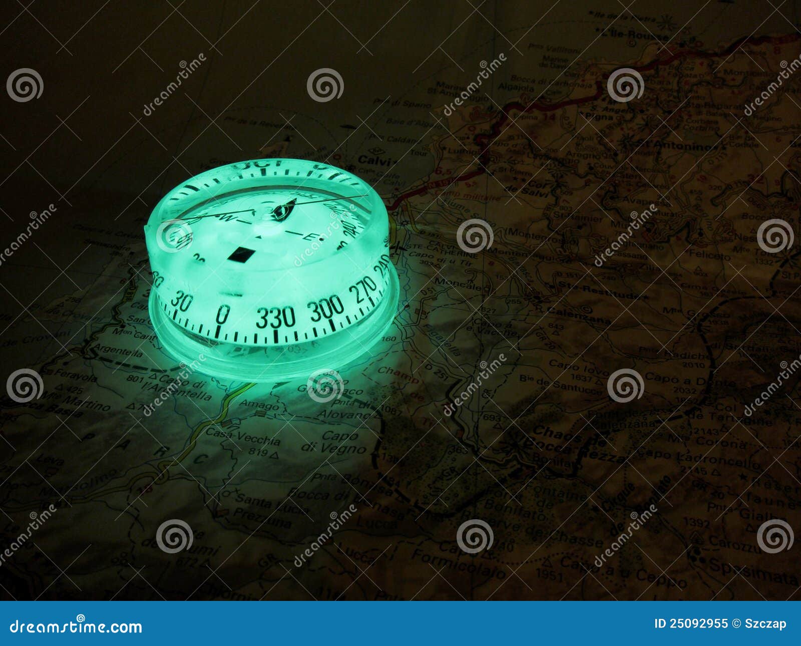 Glowing compass on a map stock image. Image of south - 25092955