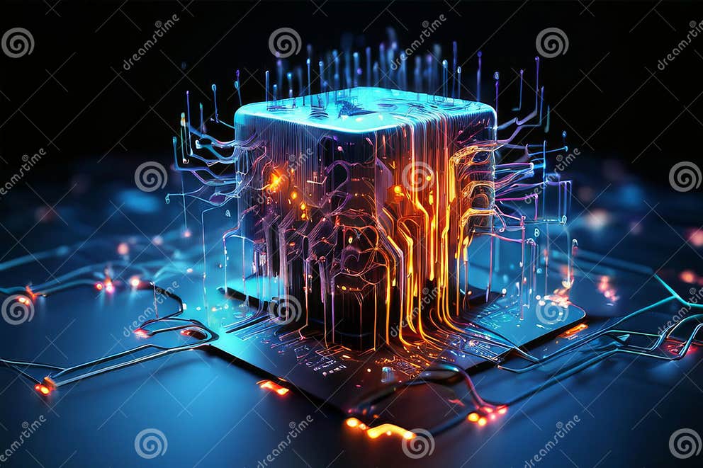 A Glowing Computer Centered by Chipset, Dark Turquoise and Dark Black ...