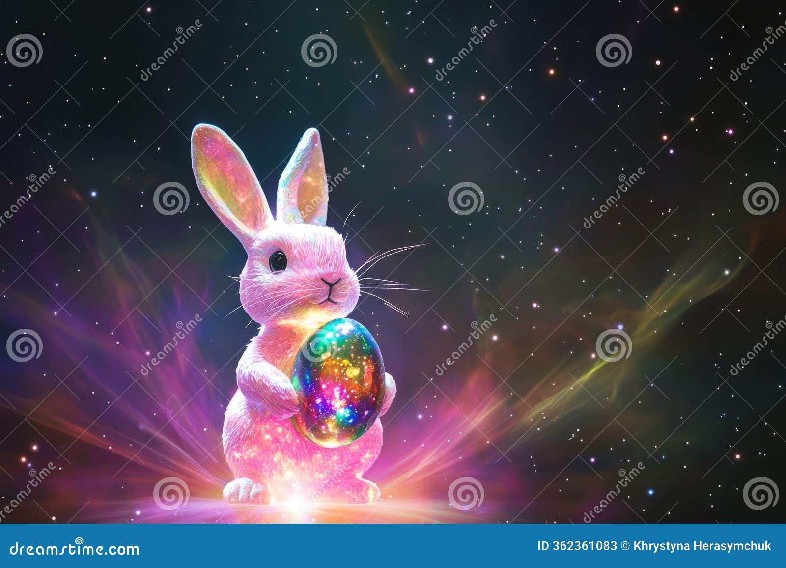 A Glowing, Cosmic Easter Bunny Holding an Iridescent Egg, Standing on a Distant Star with Soft ...