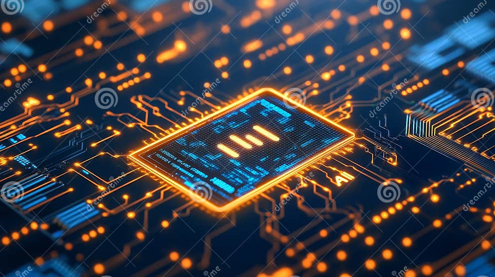 Glowing CPU Chip on Blue Circuit Board Technology, Design Element ...