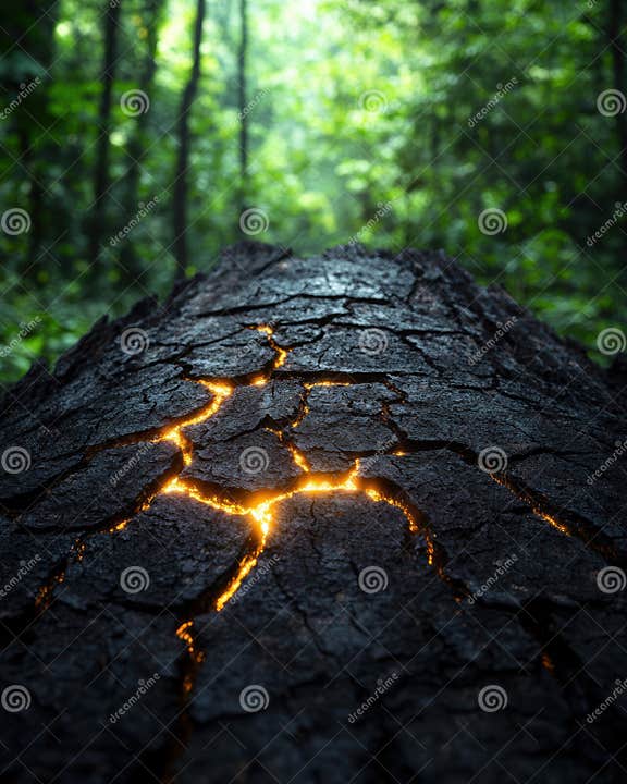 Glowing Cracks in Dark Tree Bark Stock Illustration - Illustration of ...