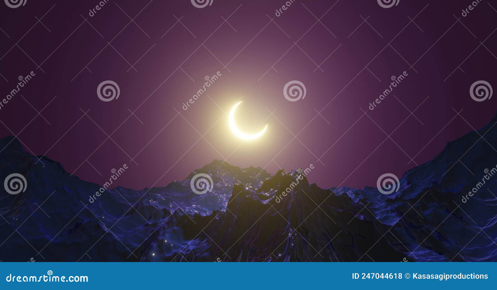 Glowing Crescent Moon in a Purple Sky Above Rough Ocean Waves Stock ...