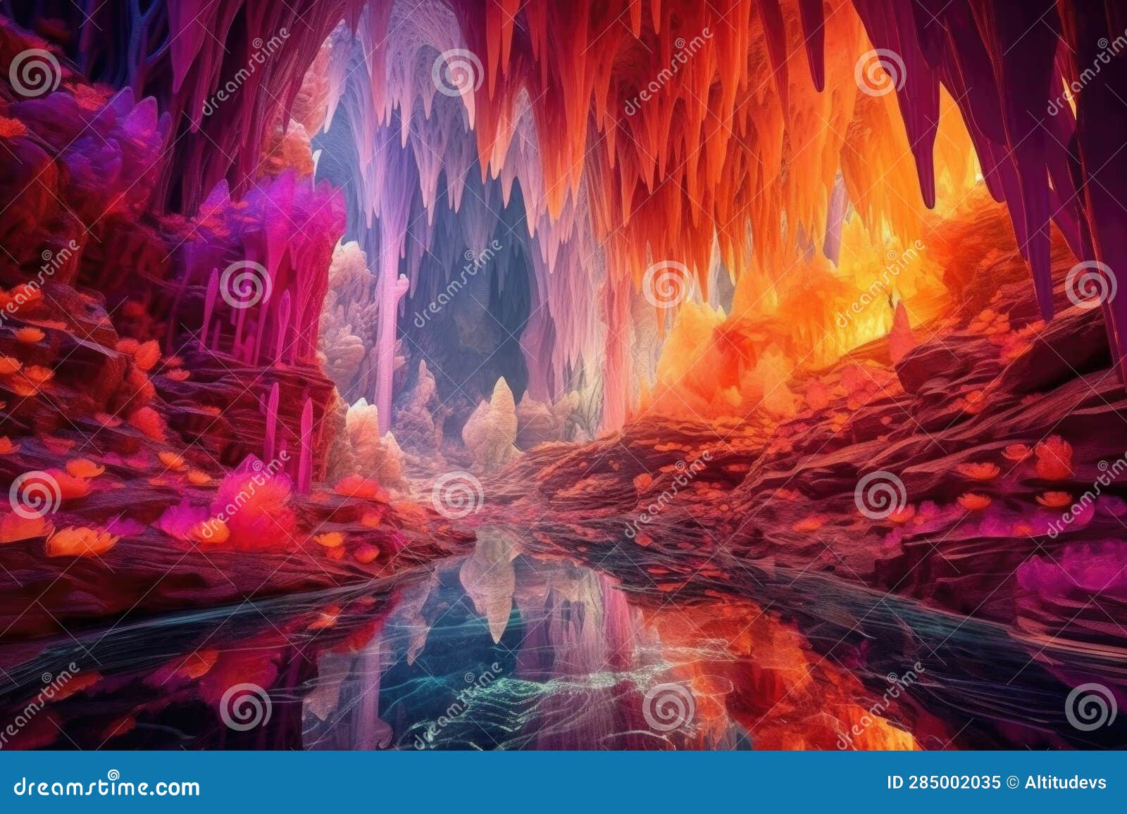 Glowing Crystal Cave with Vibrant Reflections Stock Illustration ...