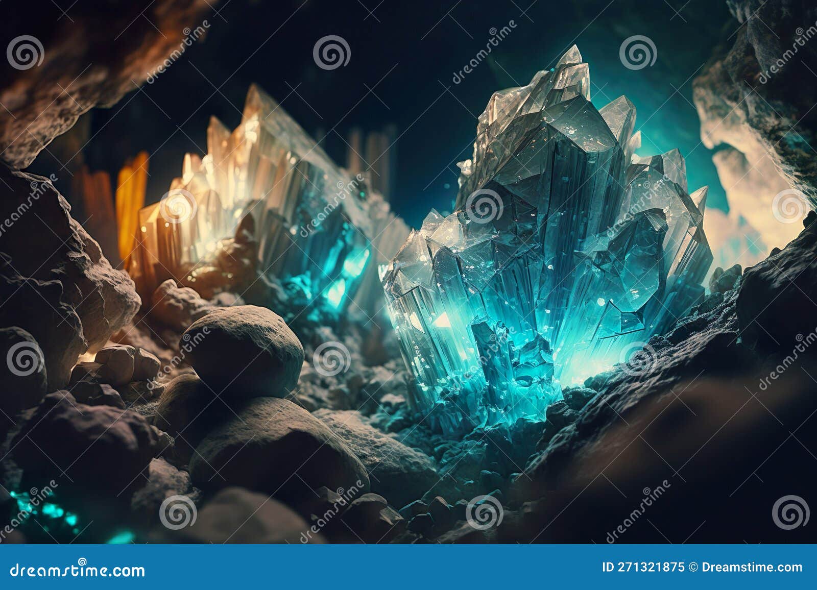 Glowing Crystals Gather in a Dark Cave. Generative Ai. Stock ...