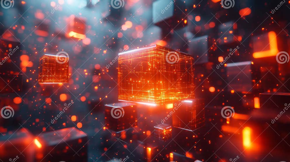 Abstract Representation of Glowing Cubes Floating in a Digital Space Filled with Particles and ...