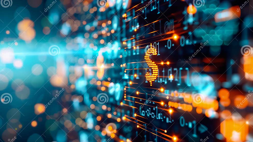 Glowing Currency Symbols Float through a Matrix of Binary Code, Creating a Striking Visual of ...