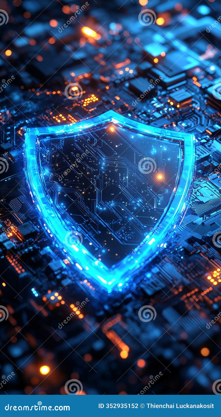 Glowing Cybersecurity Shield Icon On Complex Circuit Background Stock Photography ...
