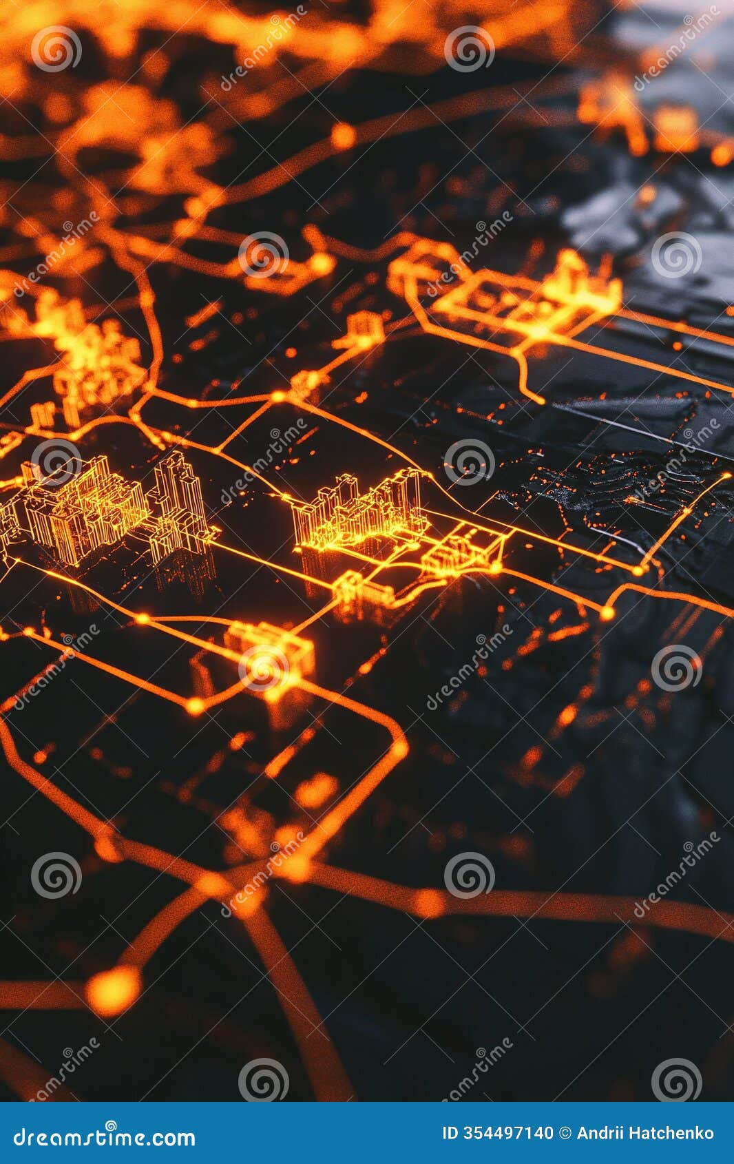 A Glowing 3D Map with Points of Interest and Overlapping GIS Network ...