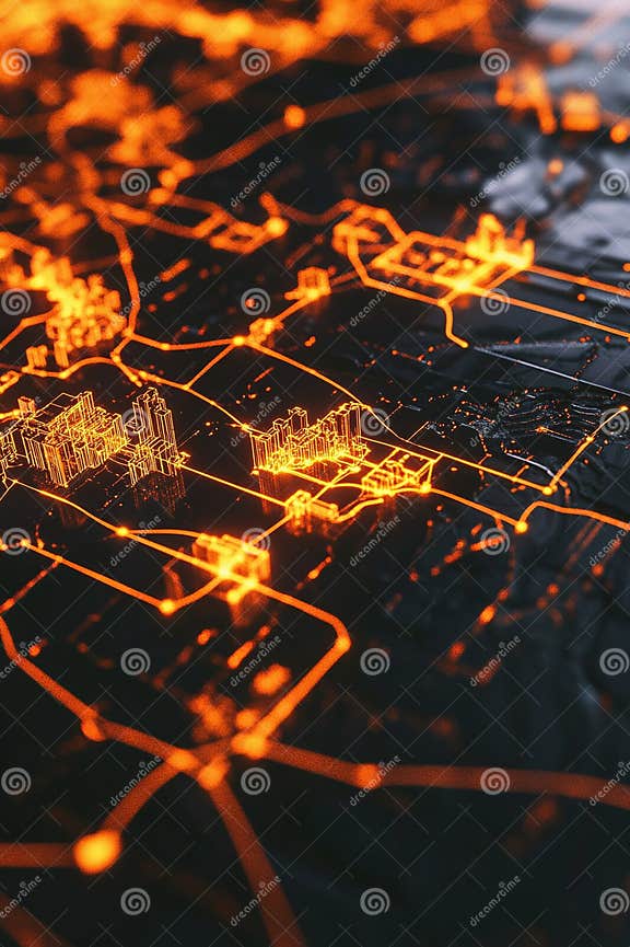 A Glowing 3D Map with Points of Interest and Overlapping GIS Network ...