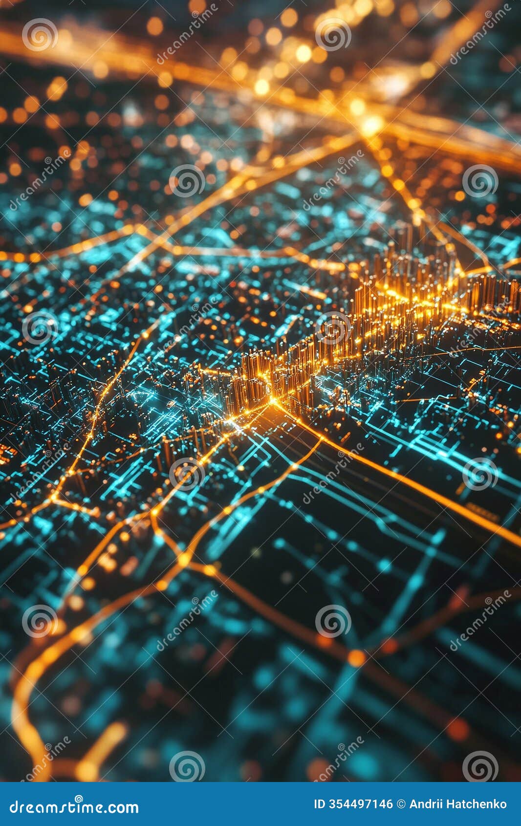 A Glowing 3D Map with Points of Interest and Overlapping GIS Network ...
