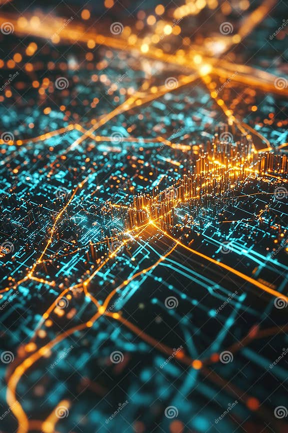 A Glowing 3D Map with Points of Interest and Overlapping GIS Network ...