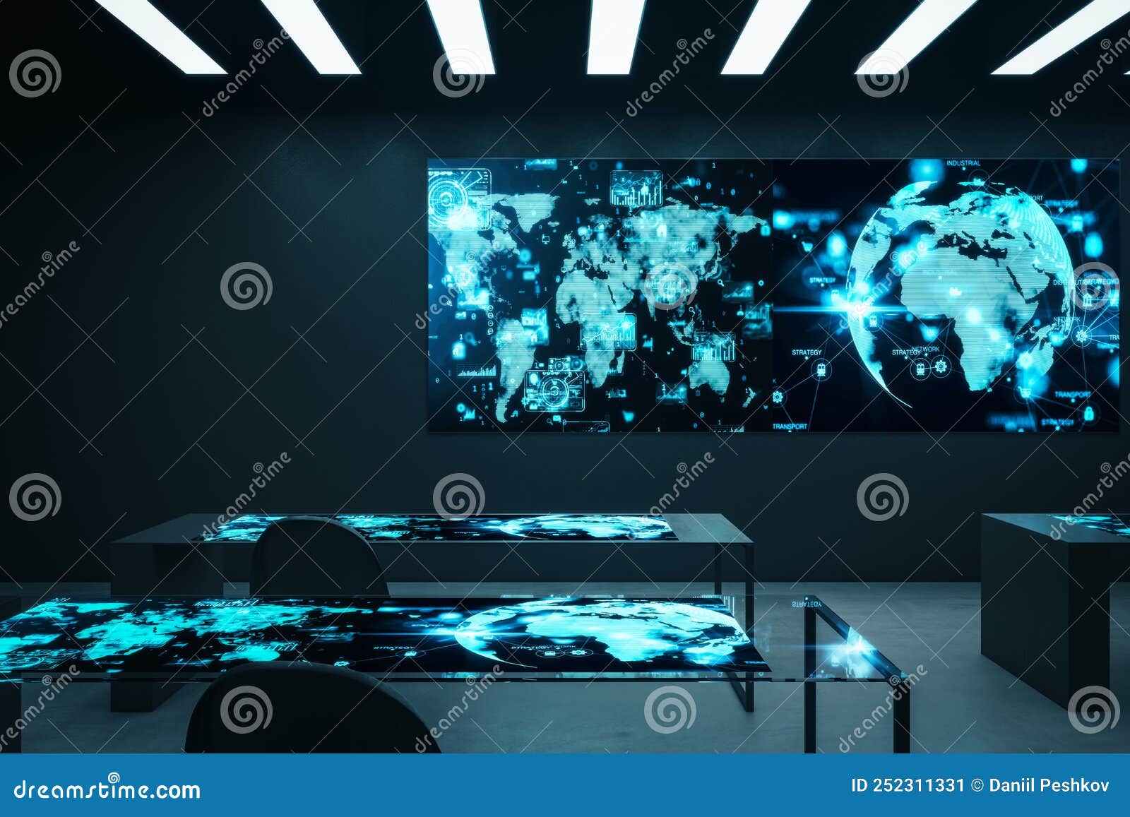 Glowing Dark Interior with Interactive Screens on Wall and Desks ...